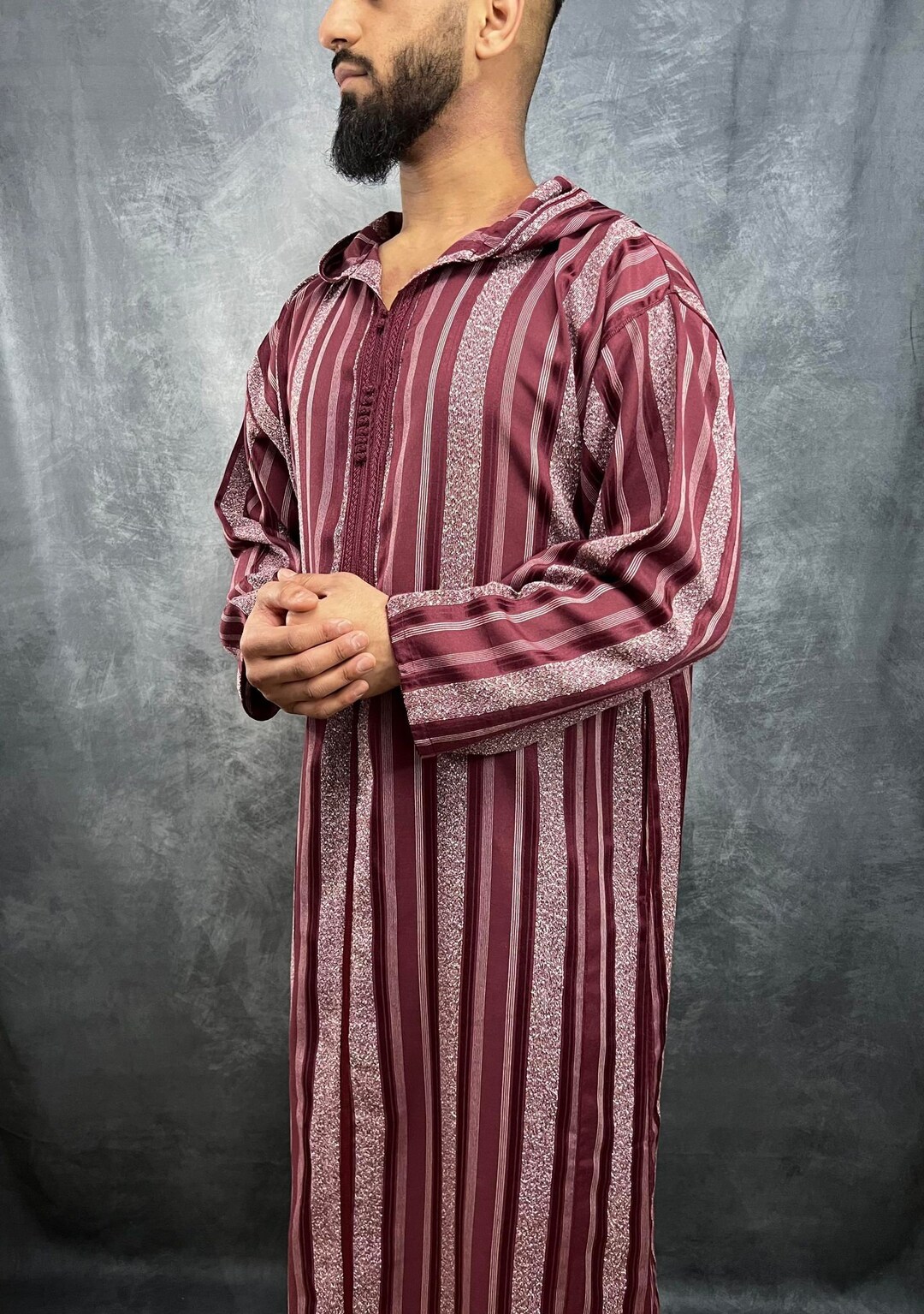 Maroon Hooded Long Sleeve Thobe Djellaba Gandoura Jubba Qamis Thawb ...