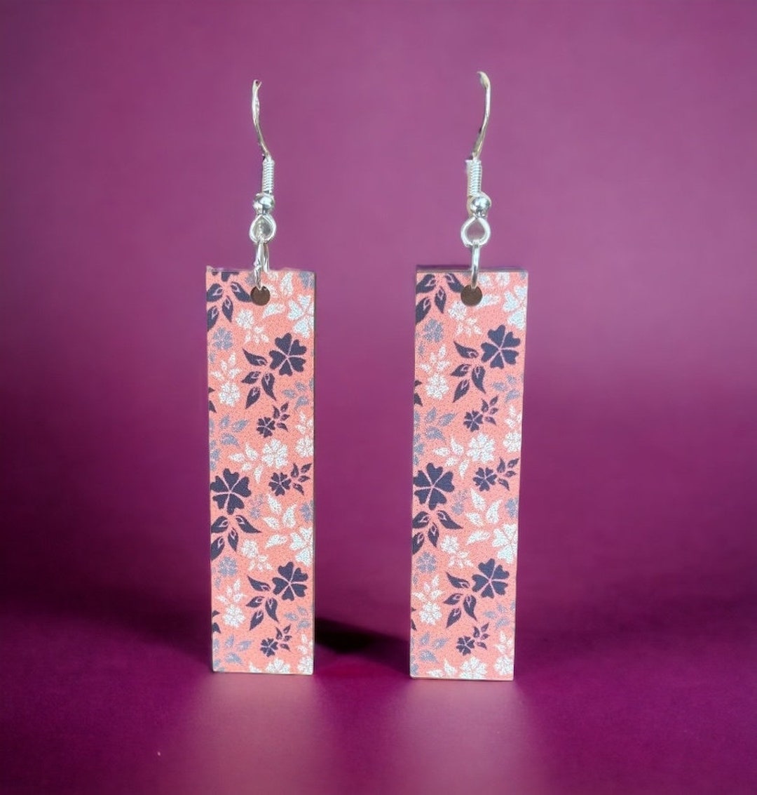 Floral Print, Rectangular Sublimated Earrings, Pink, Gray, and White - Etsy