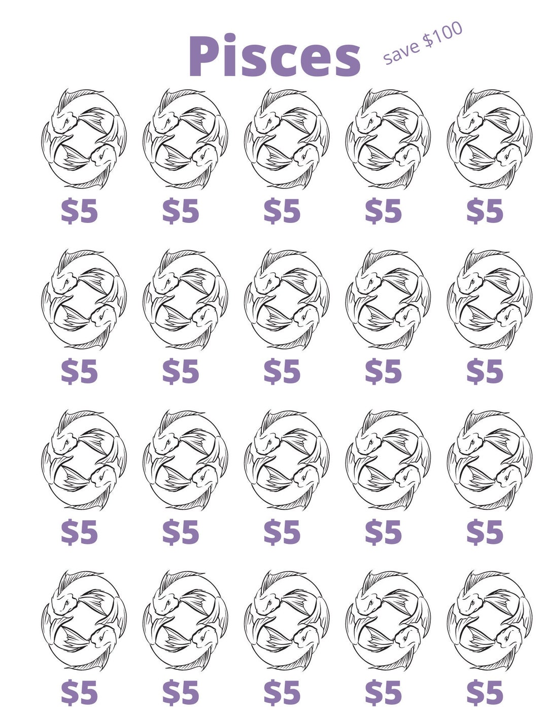 PISCES ZODIAC HOROSCOPE Money Saving Challenge Tracker Digital Download ...