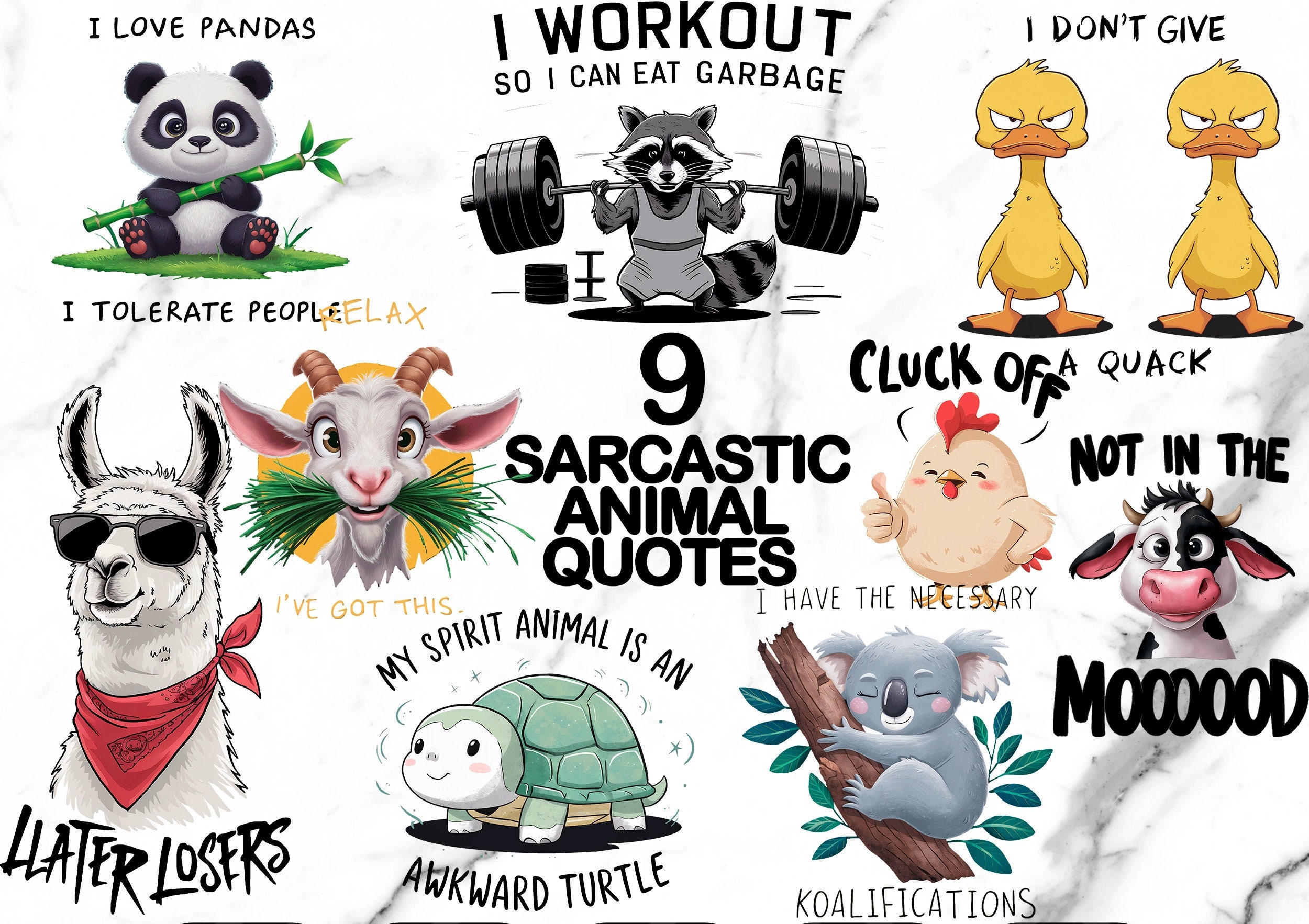 9 Sarcastic Animal Quotes PNG Bundle - Funny Animal Clipart ...