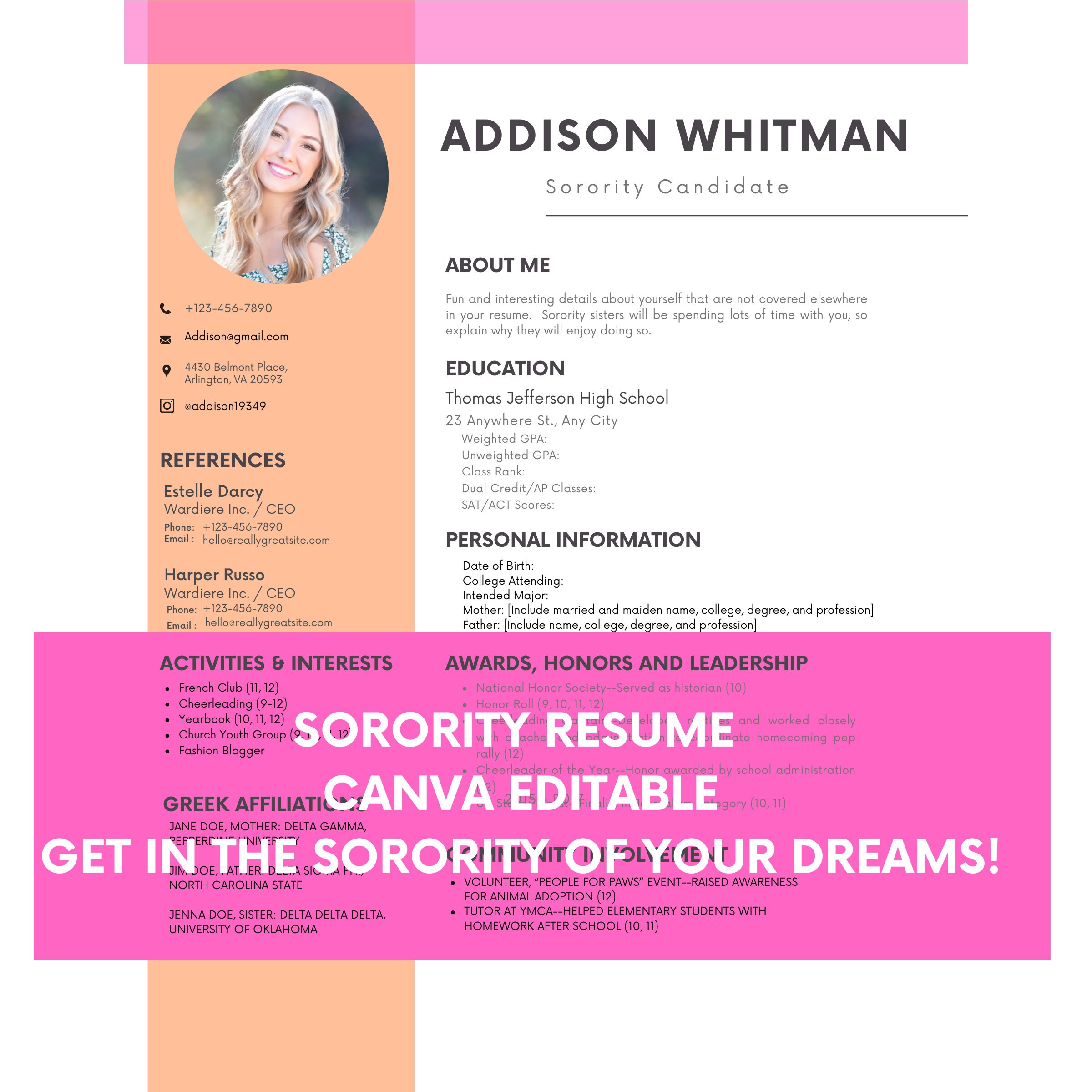 Sorority Resume Template With Photo, Sorority Recruitment, Sorority Resume and Cover Letter ...
