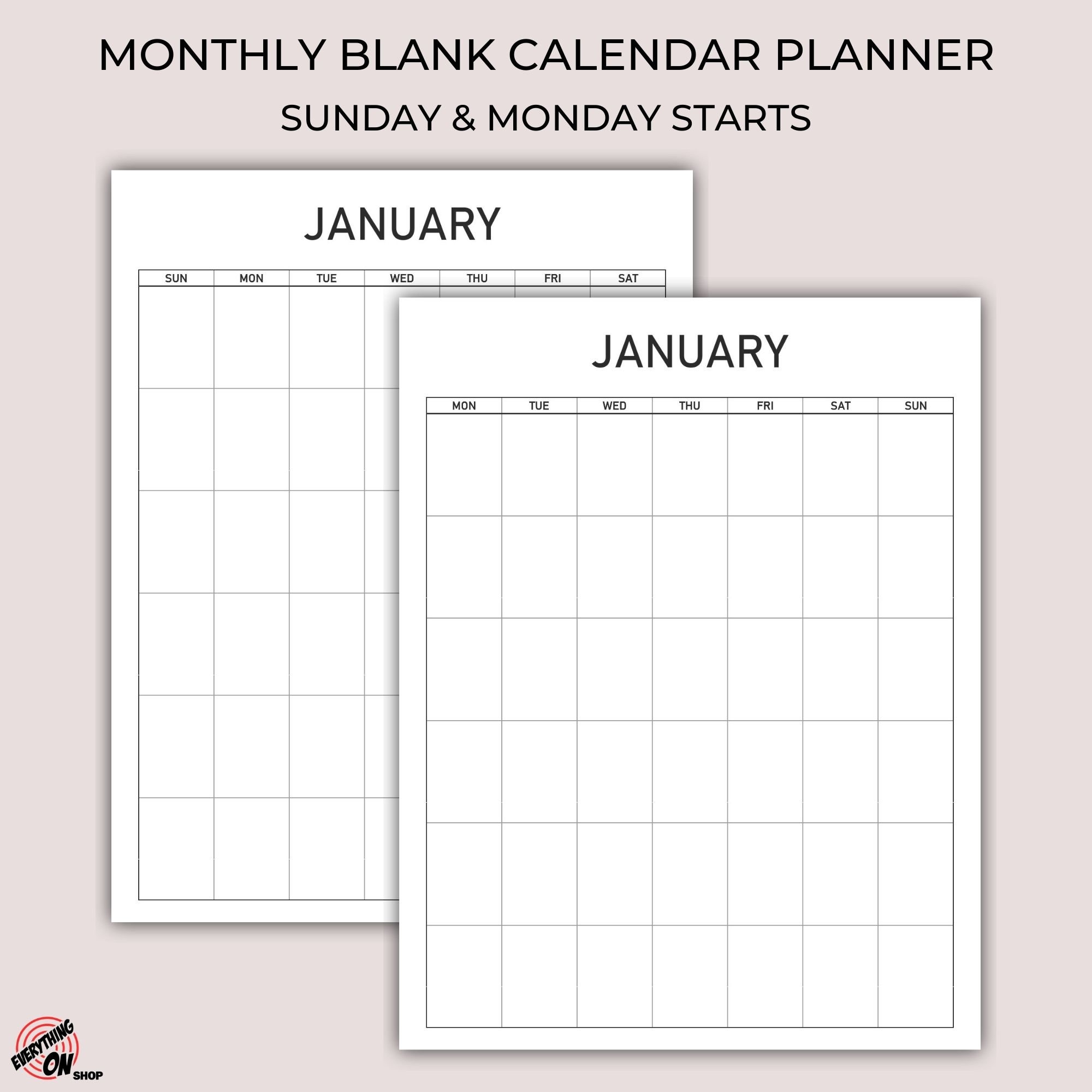Monthly Blank Calendar, Sunday & Monday Start, Simple Calendar ...