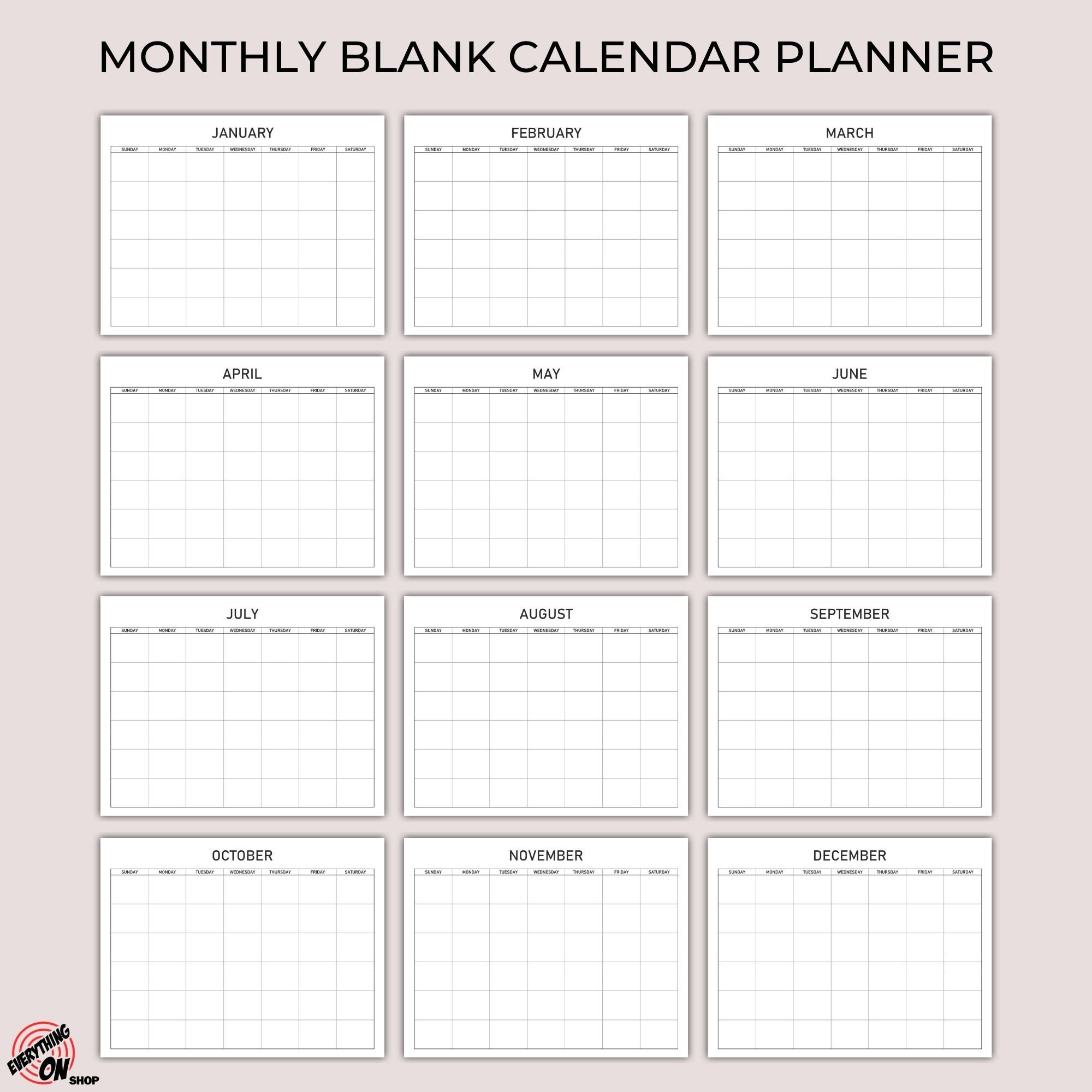 Monthly Blank Calendar, Sunday & Monday Start, Simple Calendar ...