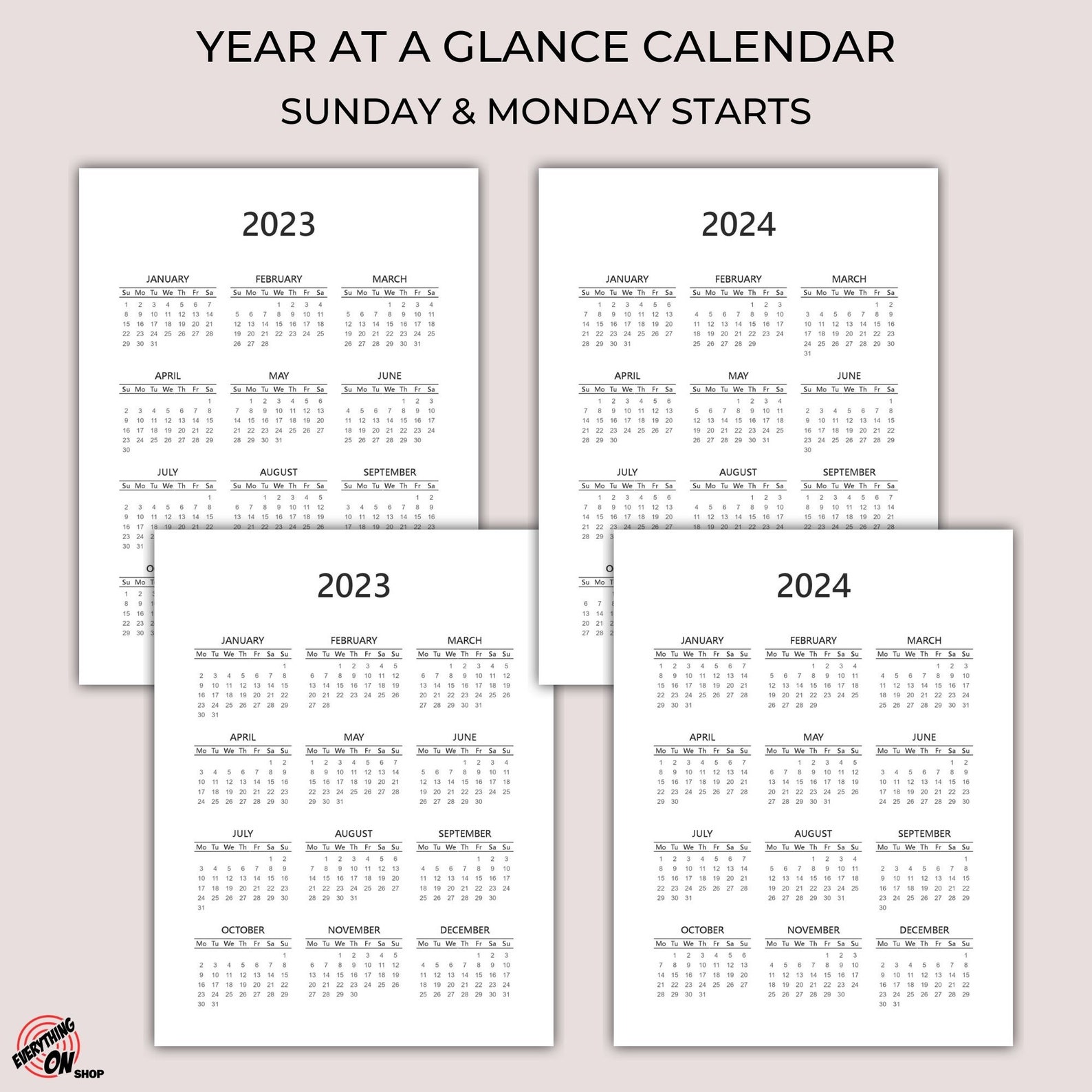 2023 2024 Calendar Printable Portrait Yearly Calendar Year - Etsy Canada