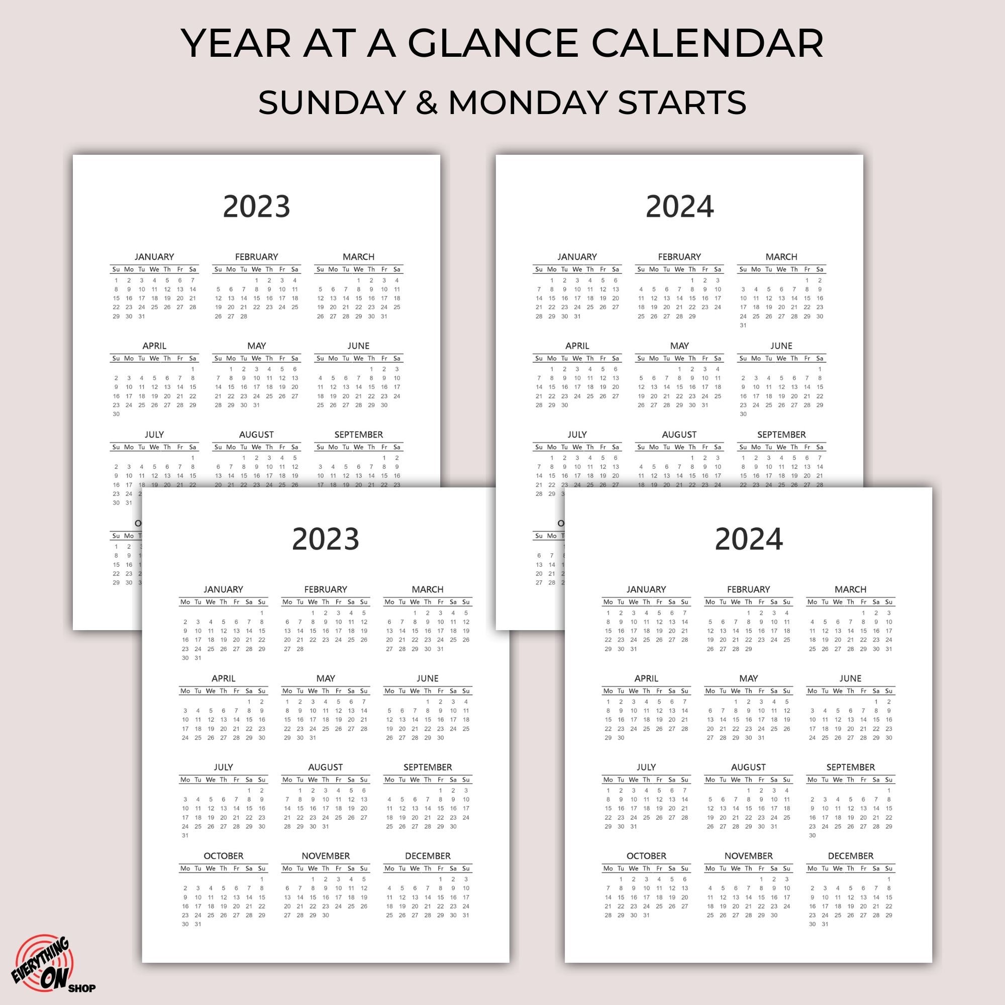 2023 2024 Calendar Printable Portrait Yearly Calendar Year - Etsy Canada