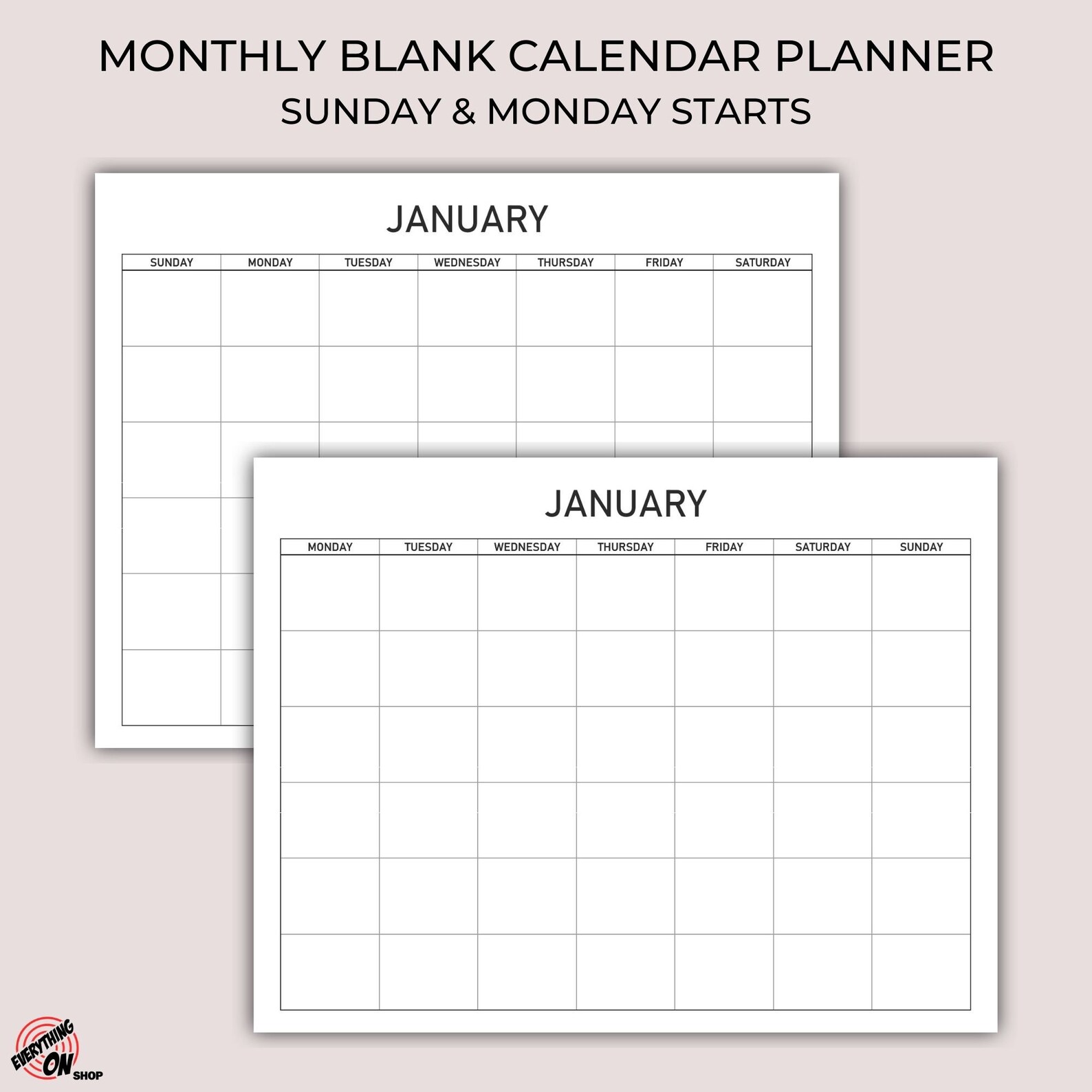 Monthly Blank Calendar, Sunday & Monday Start, Simple Calendar ...