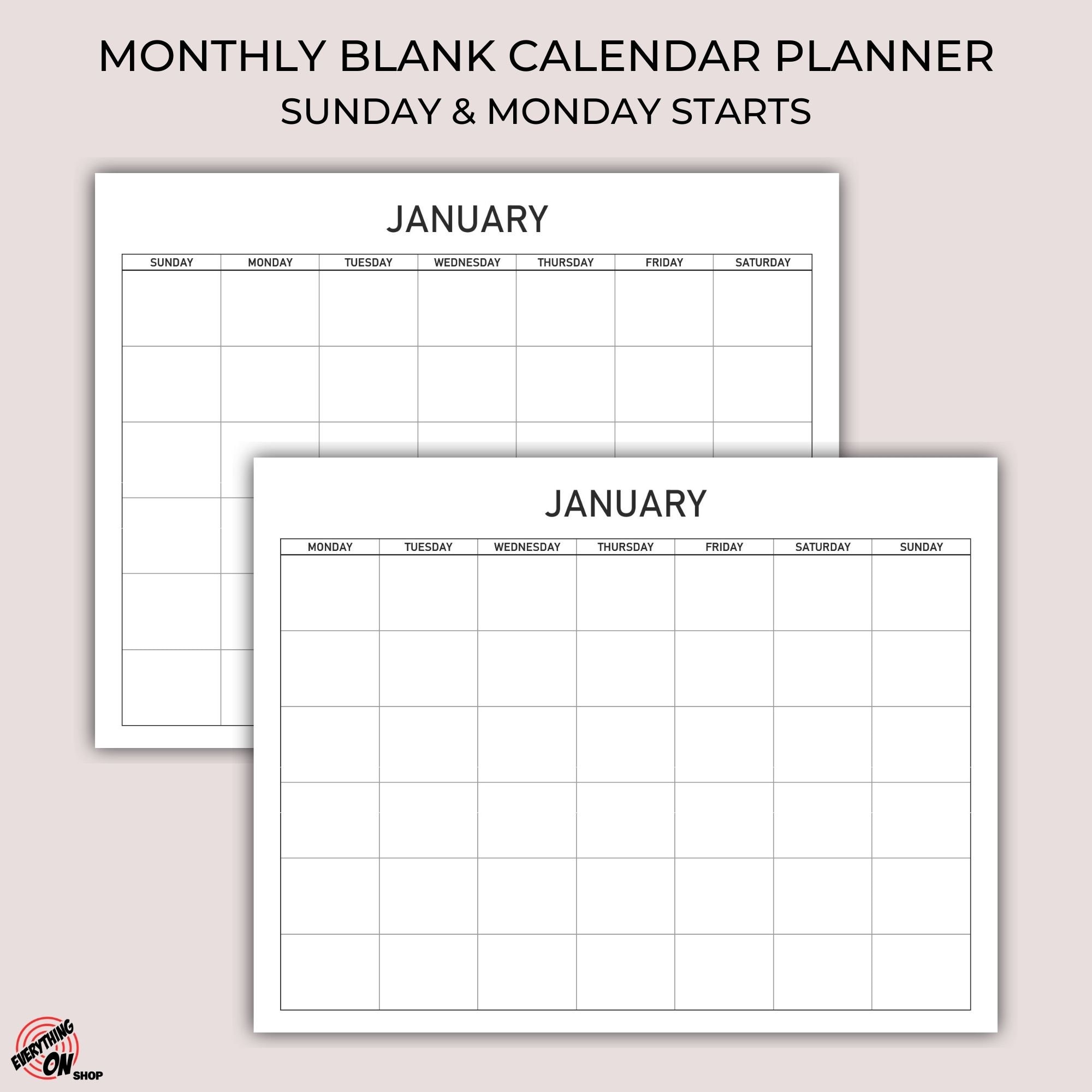 Monthly Blank Calendar, Sunday & Monday Start, Simple Calendar ...