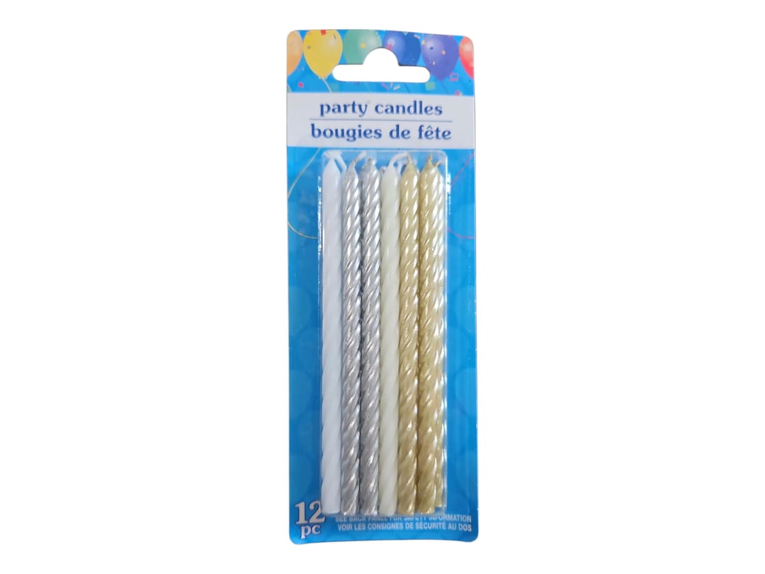 4" Long Birthday Party Candles White Gold Silver Twisted 12pc Set - Etsy