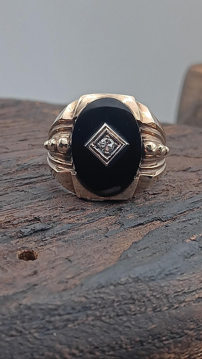 10k Yellow Gold Gents Black Onyx Ring With Diamond - Etsy