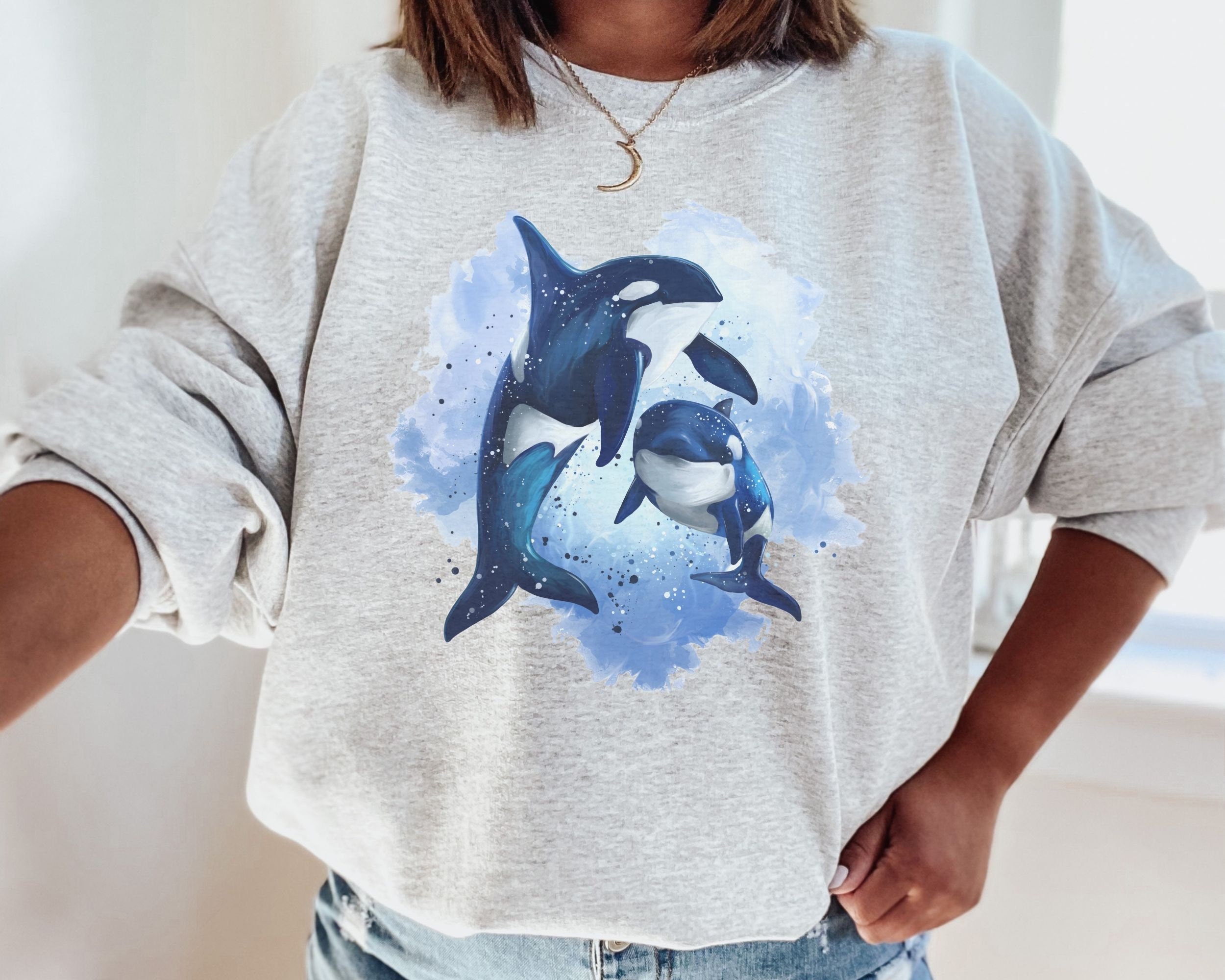 Orca Sweatshirt, Watercolor Ocean Whale Orca Crewneck, Indie Shirt ...