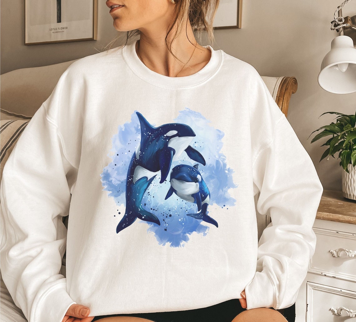 Orca Sweatshirt, Watercolor Ocean Whale Orca Crewneck, Indie Shirt ...