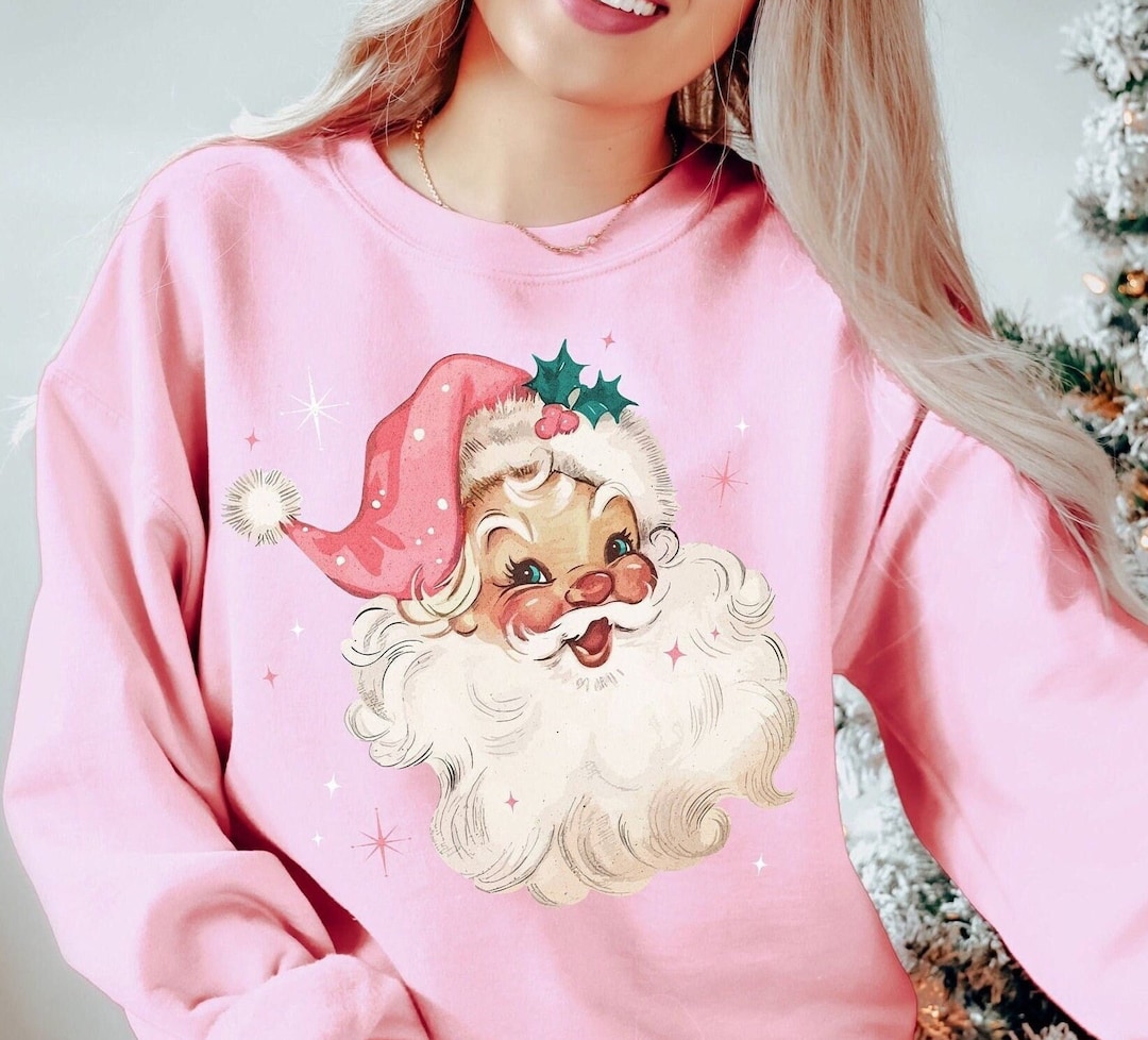 Retro Pink Santa Christmas Sweatshirt, Vintage Santa Christmas Sweater ...