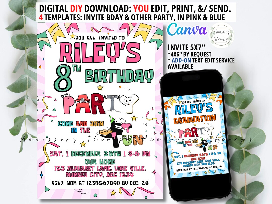 Alphabet Lore Lore DIGITAL DIY Template Invitation Invite Pink & Blue ...