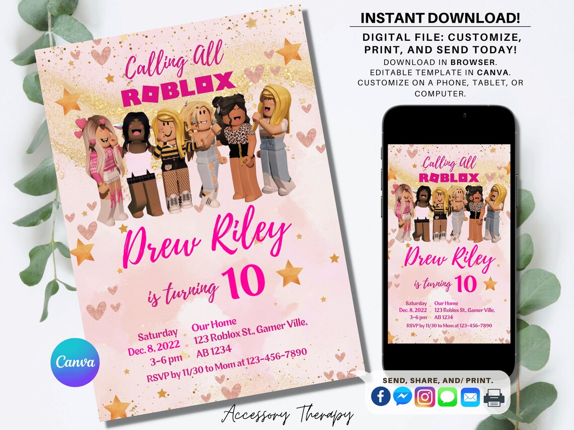 Roblox Girls Pink Gold Heart Glitter DIY Template Invitation - Etsy