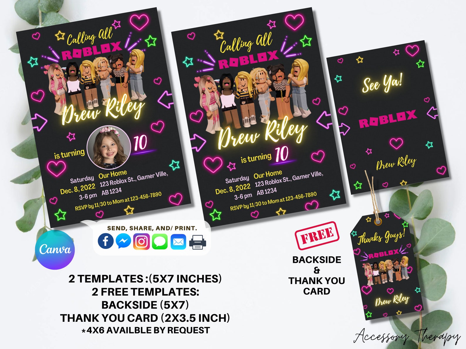 Roblox Girls Pink Purple Glow Neon DIY Template Invitation - Etsy