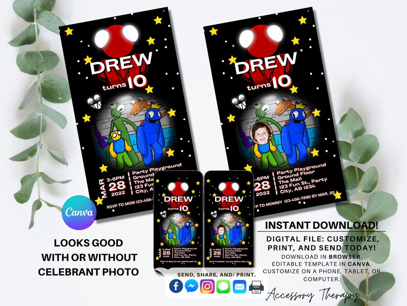 Rainbow Friends Roblox DIY Template Invitation Invite - Etsy India