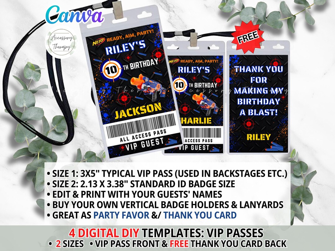 Dart War Dart Gun Battle DIY DIGITAL Template VIP Badge, Guest Pass ...