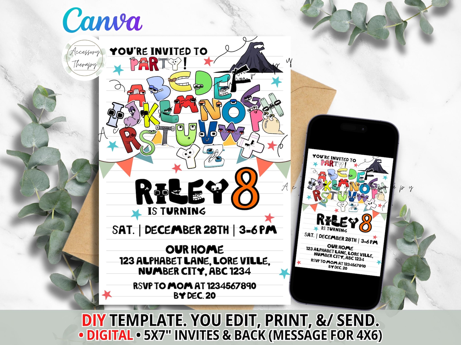 Alphabet DIGITAL DIY Template Invitation Invite Birthday Party ...