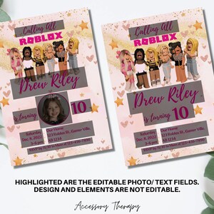 Roblox Girls Pink Gold Heart Glitter DIY Template Invitation - Etsy