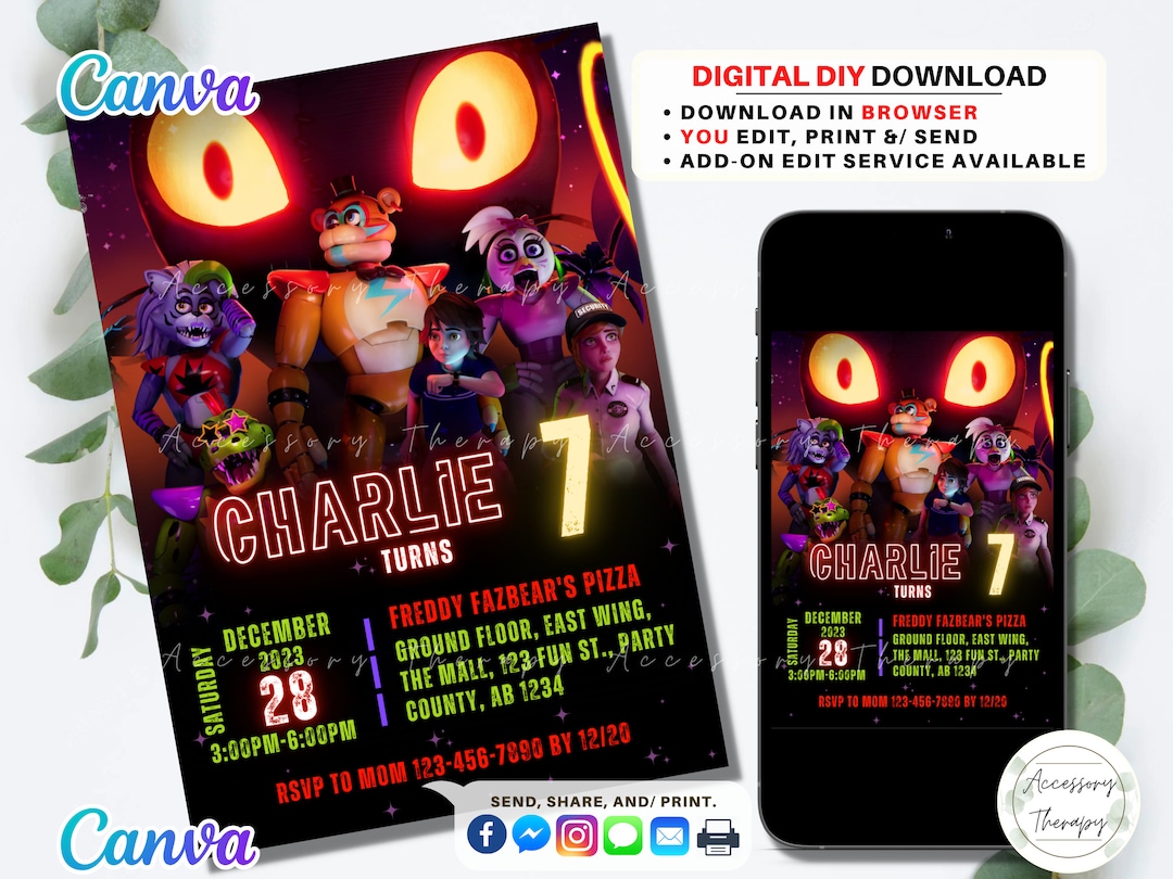 Creepy Nights Bear Security FNAF DIGITAL DIY Template Invitation Invite ...