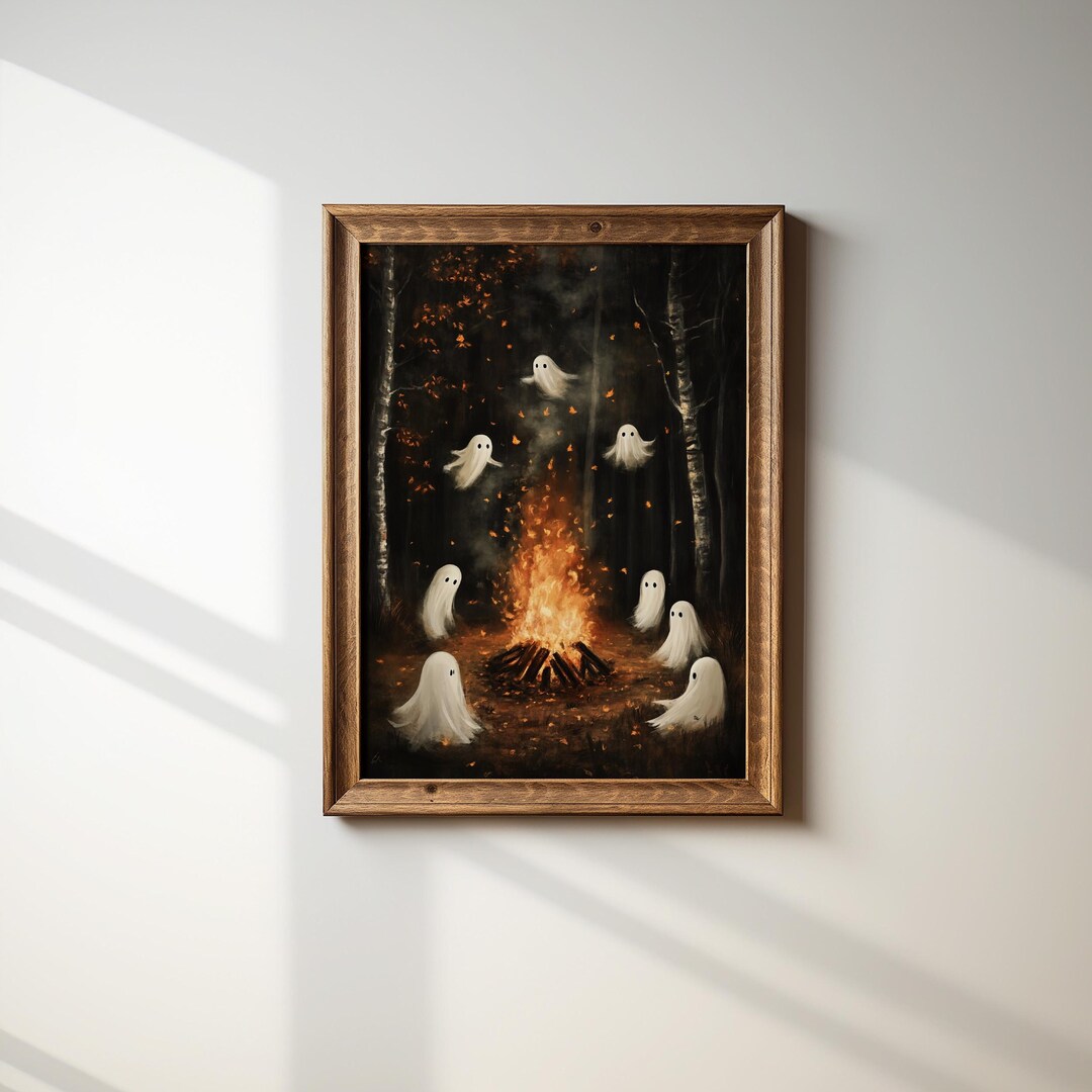 Ghosts Dancing by the Fire, Halloween Campfire Art Print, Cozy ...