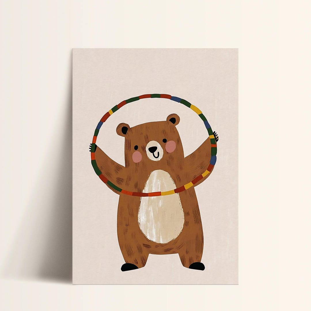 Hula Hoop Bear Print, Playful Nursery Wall Art, Kids Room Digital ...