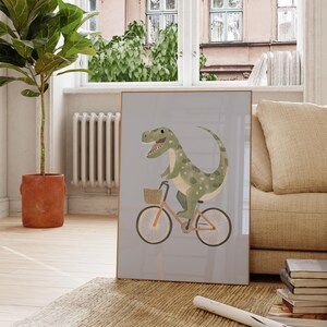 T-rex Bicycle Dinosaur Art Print | Fun Dino Decor for Kids | Nursery ...