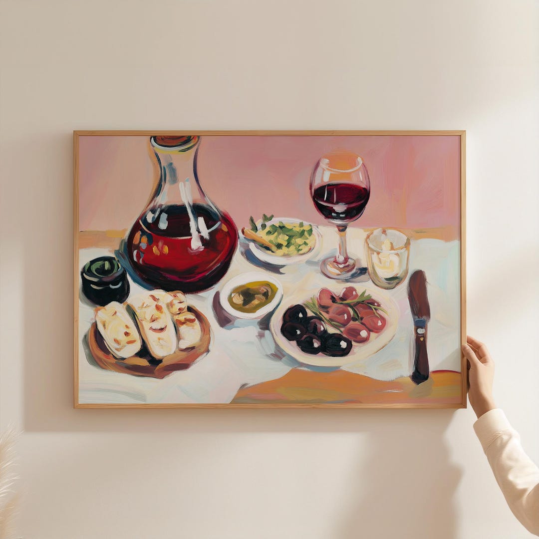 Wine and Tapas Wall Art, Kitchen Bar Decor, Maximalist Food Print ...