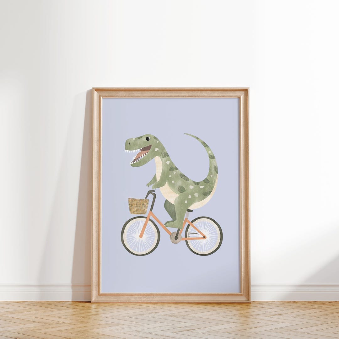 T-rex Bicycle Dinosaur Art Print | Fun Dino Decor for Kids | Nursery ...