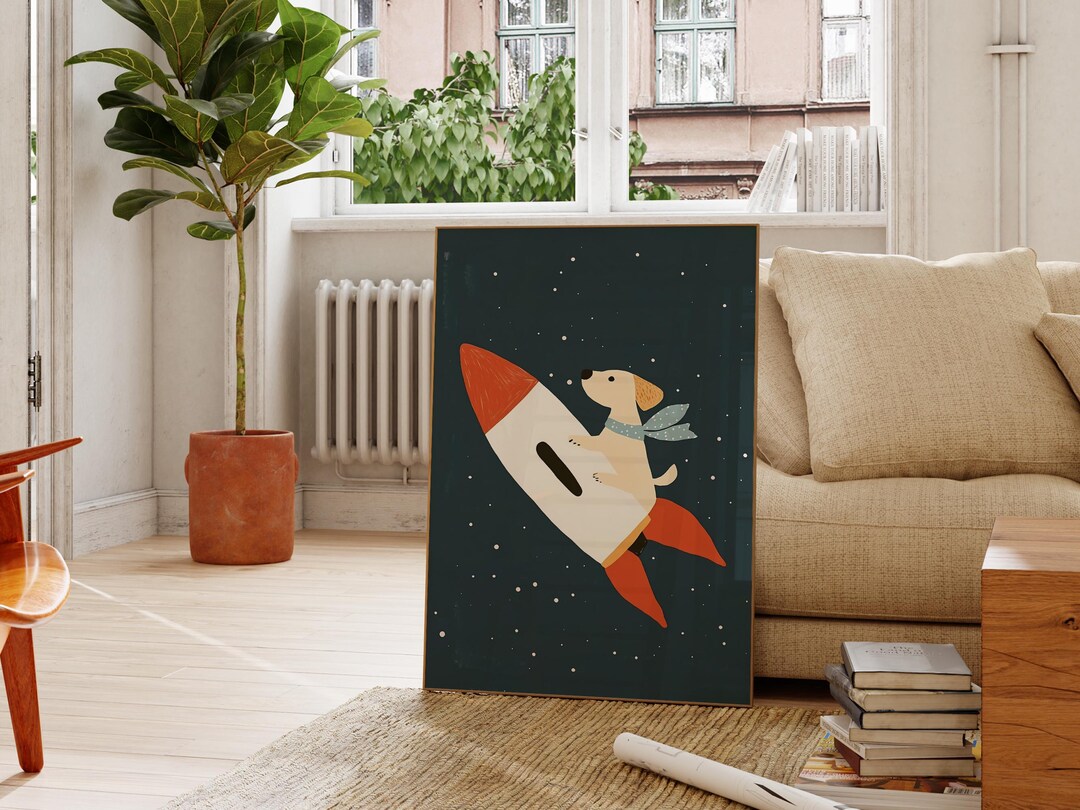 Space Dog Rocket Ship Wall Art Print, Baby Boy Nursery Decor, Astronaut ...