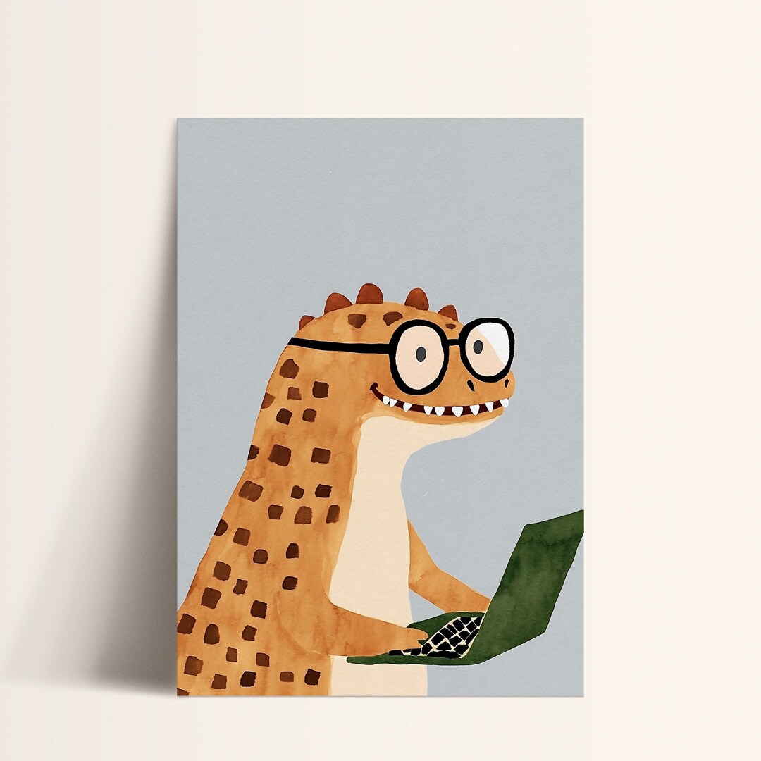 Smart Dinosaur With Laptop | Kids Study Room Art | Educational Print | Digital Download ...