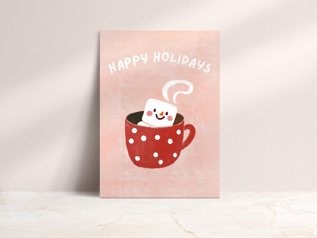 Hot Chocolate Christmas Card Printable, Marshmallow Holiday Card, Cute ...