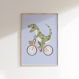 T-rex Bicycle Dinosaur Art Print | Fun Dino Decor for Kids | Nursery ...