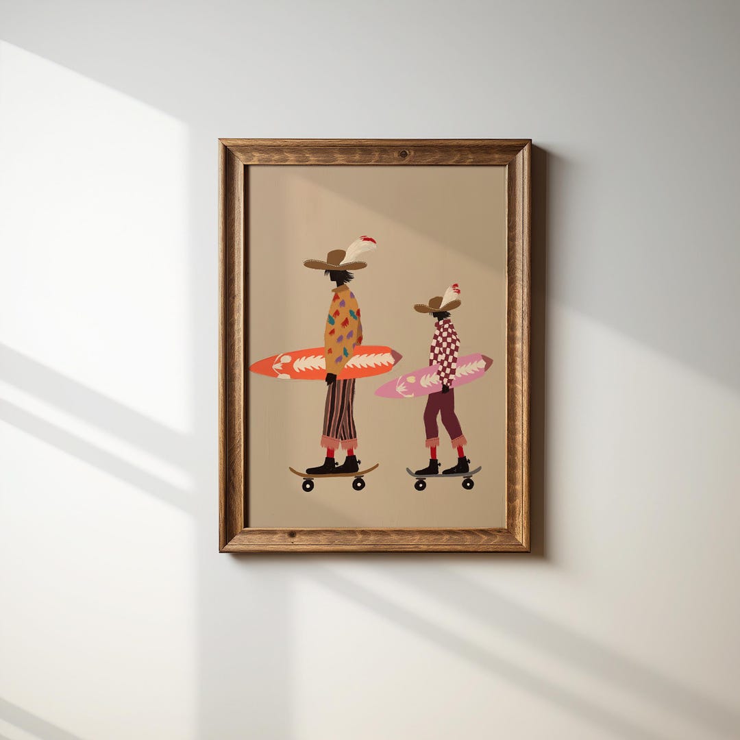 Surfer Duo Wall Art | Skateboard Print | Modern Folk Illustration ...