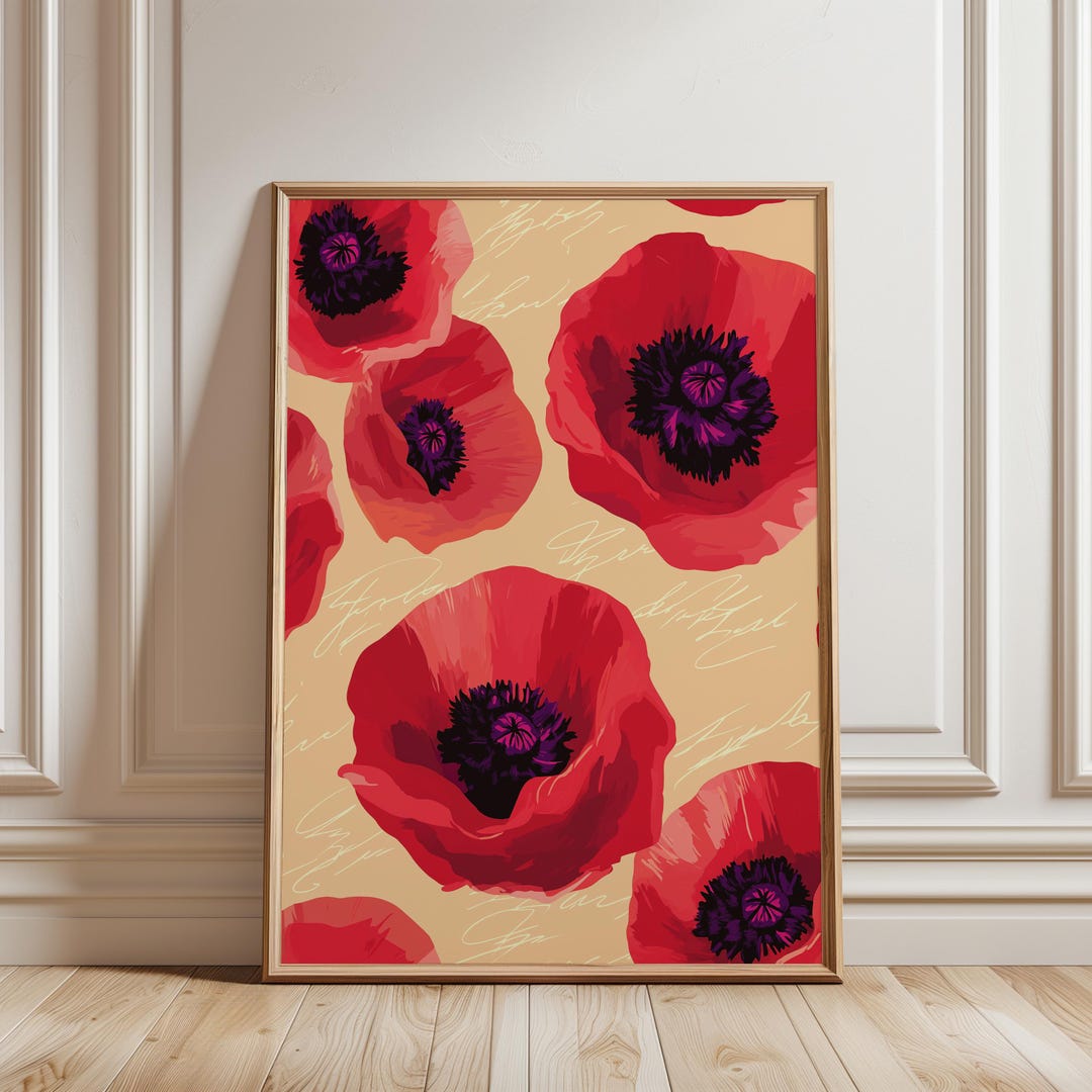 Modern Red Poppy Wall Art Print, Large Floral Digital Download ...
