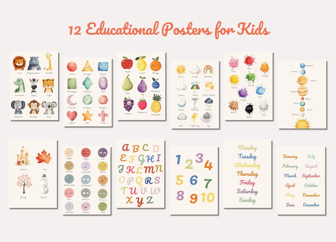 12 Educational Posters for Kids Nursery Wall Art Classroom Decor ...
