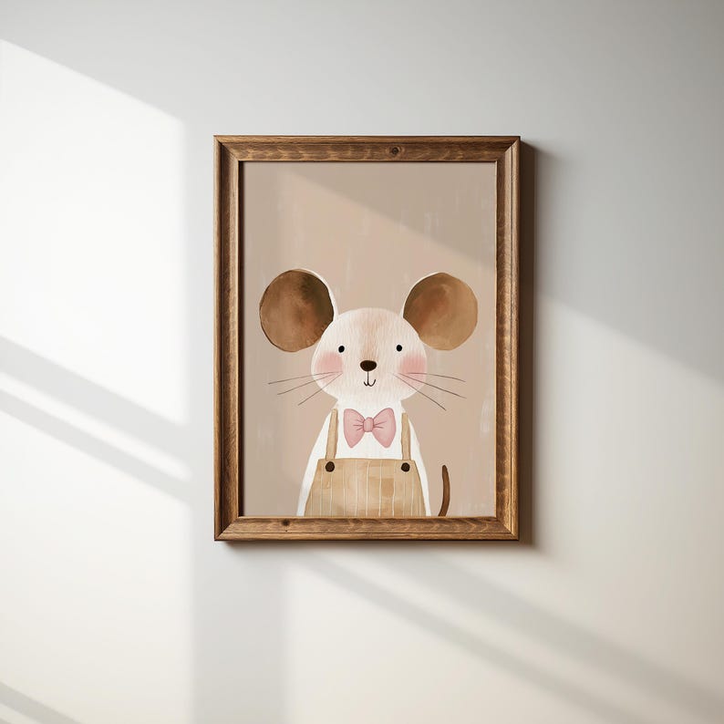 Cute Mouse in Overalls, Pink Girls Room Wall Art, Baby Nursery Animal ...