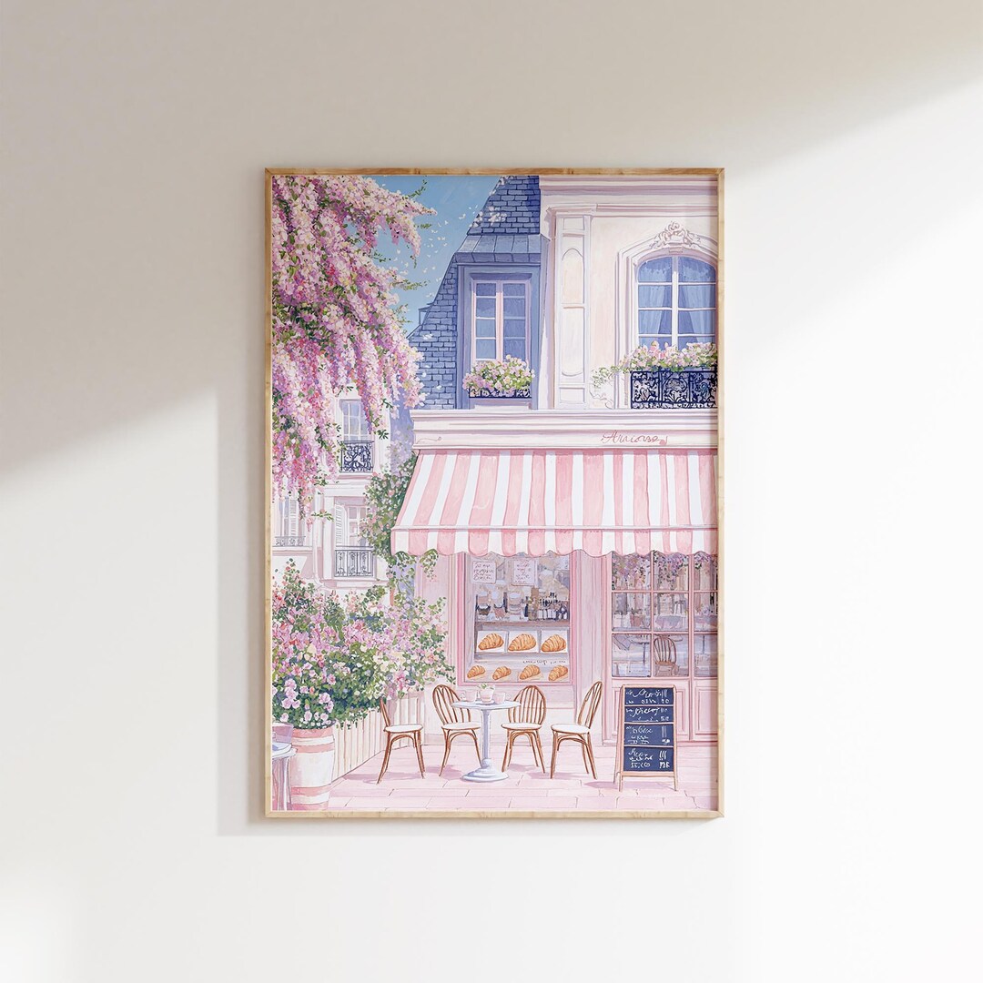 Paris Cafe Digital Print, French Bakery Wall Art, Pink Floral Bistro ...