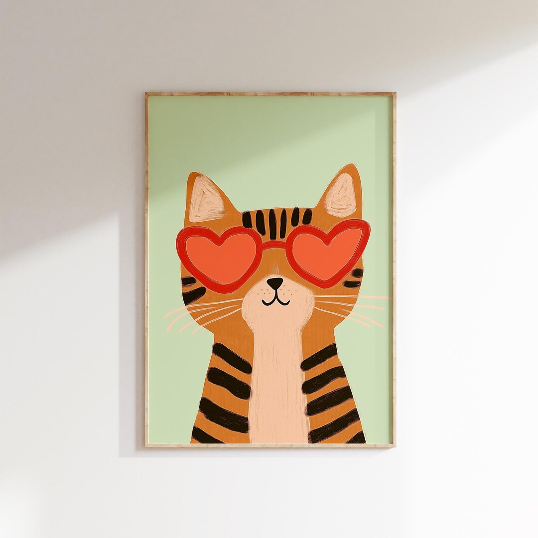 Cool Cat Wall Art | Heart Sunglasses Print | Nursery Animal Decor ...