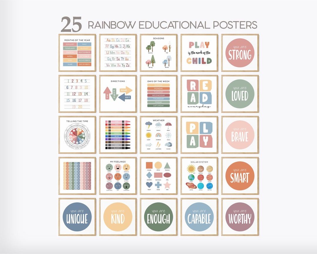 Set of 25 Educational Posters Rainbow Education Prints Montessori ...
