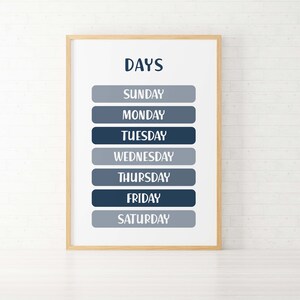 Days of the Week Print, Classroom Decor, Educational Poster, Blue ...