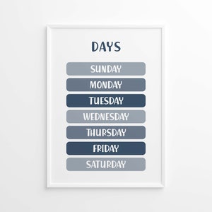 Days of the Week Print, Classroom Decor, Educational Poster, Blue ...