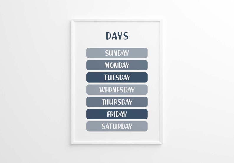 Days of the Week Print, Classroom Decor, Educational Poster, Blue ...
