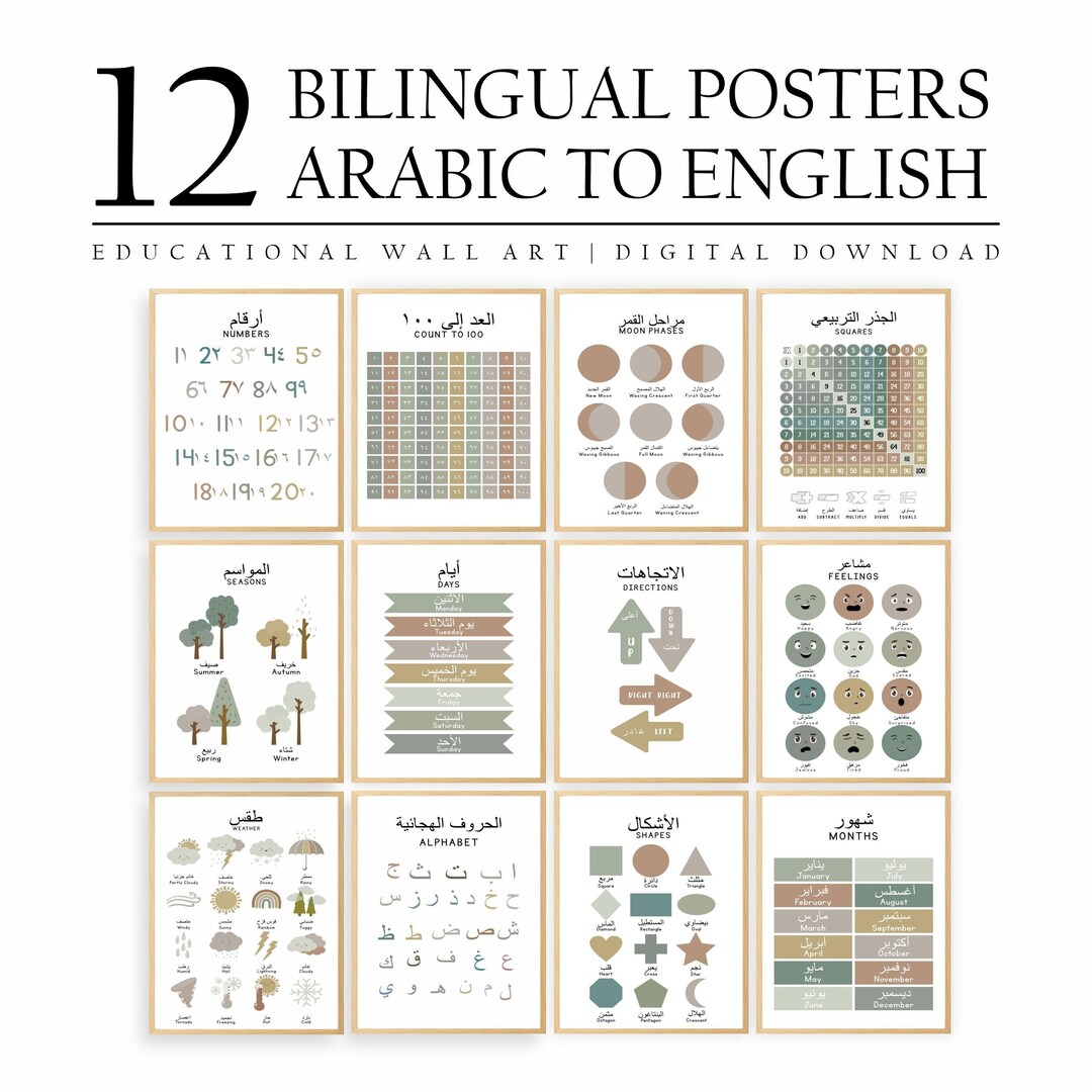 Set of 12 Bilingual Educational Posters Arabic to English Homeschool ...