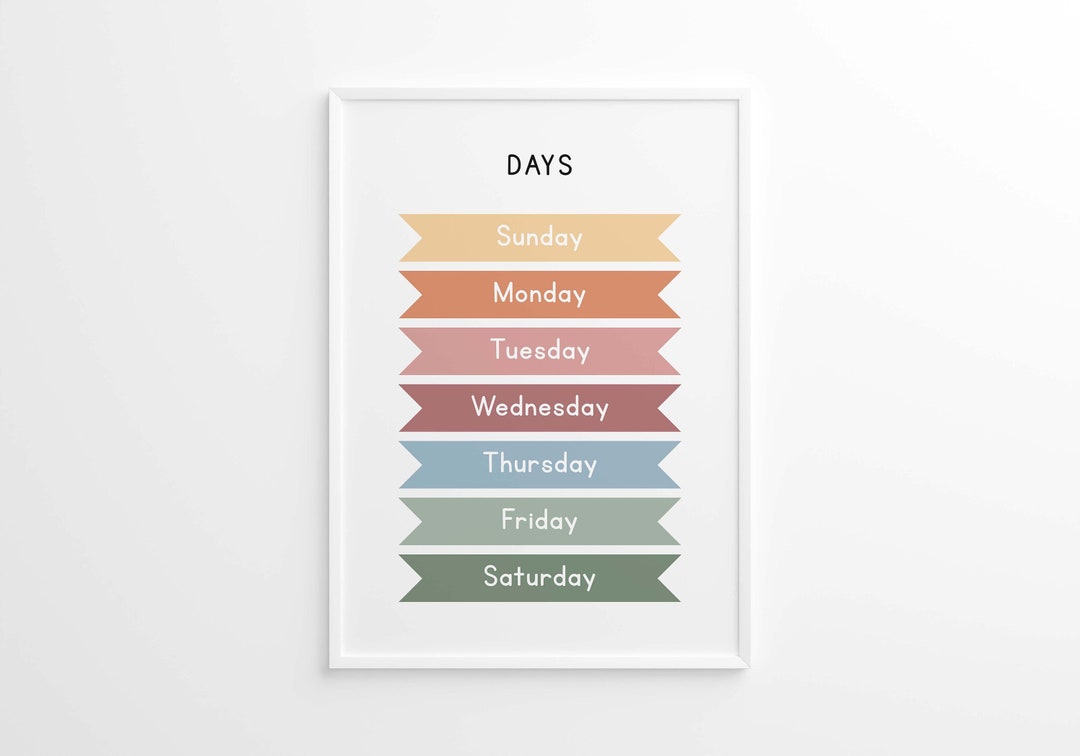 Days of Week Print Colorful Days Chart Educational Wall Art Printable ...