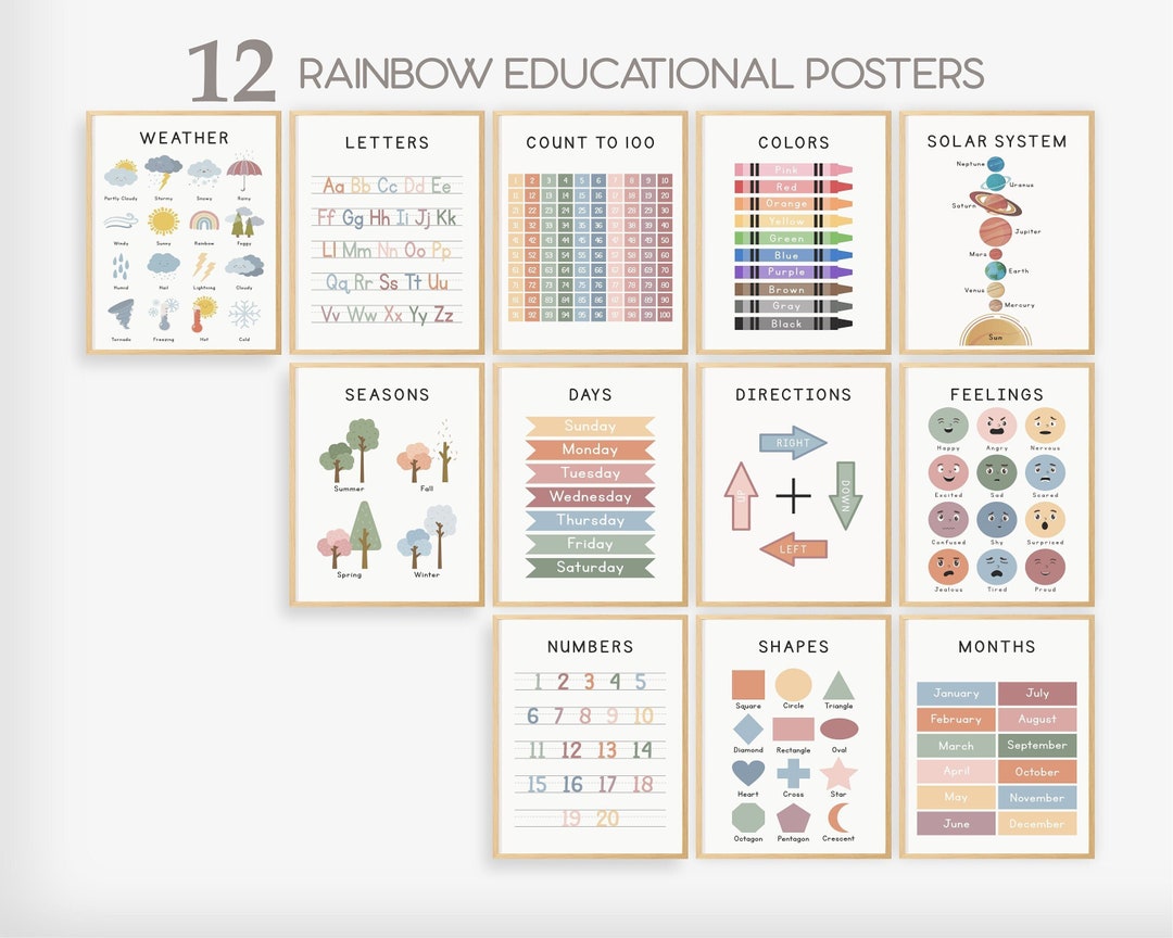 Set of 12 Rainbow Educational Posters | Neutral Montessori Prints ...