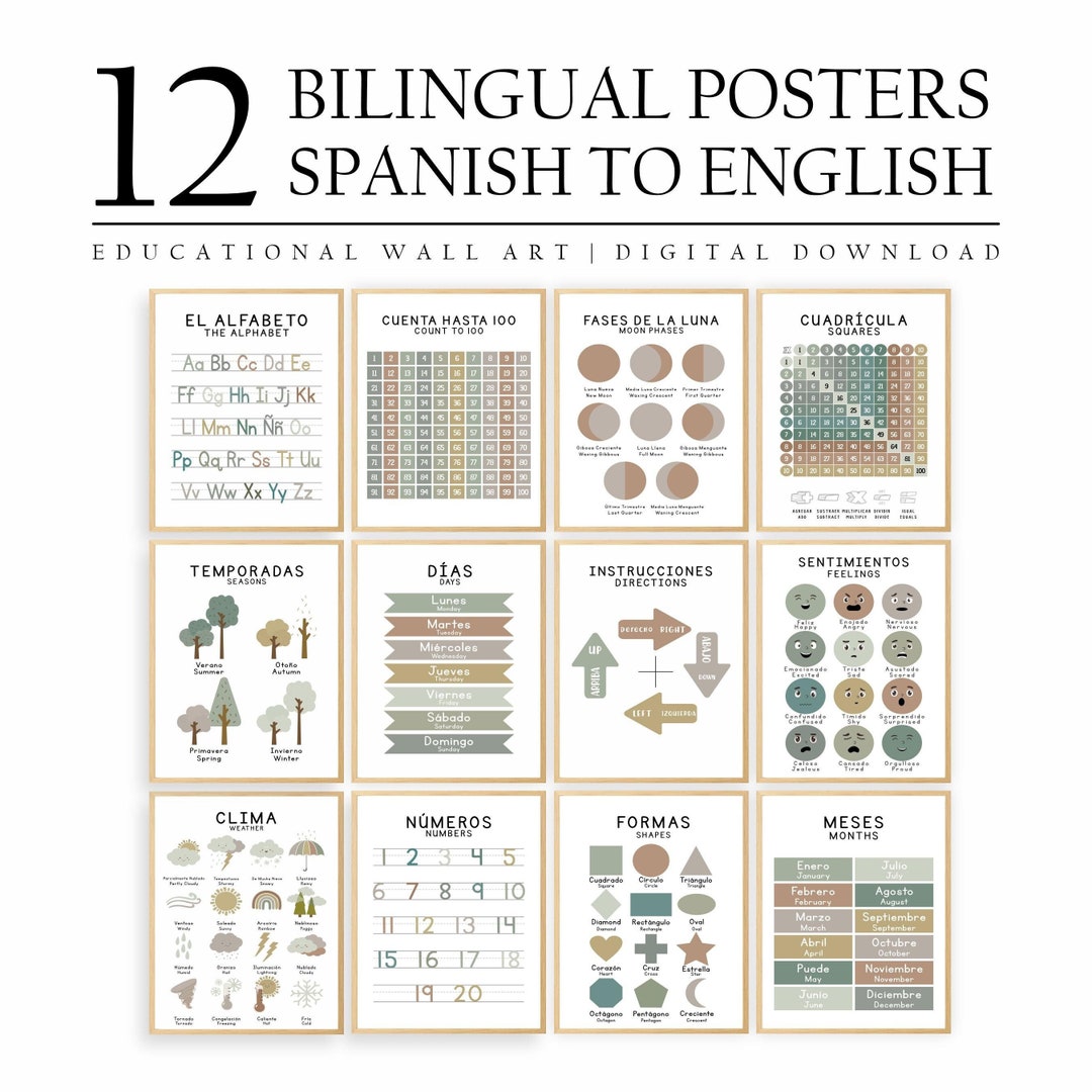 12 Bilingual Educational Posters Spanish to English Homeschool Prints ...