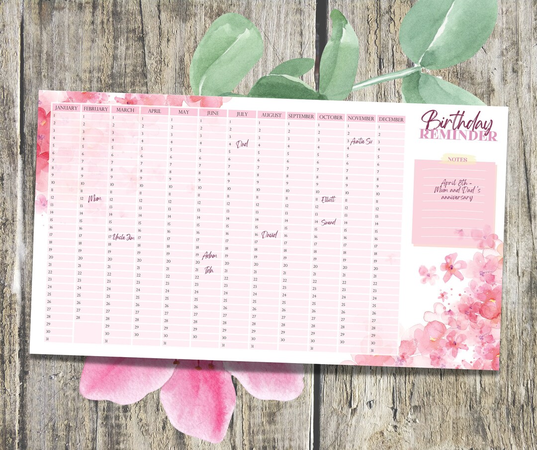 Perpetual Birthday Calendar With Notes PRINTABLE ︱ Instant Digital ...