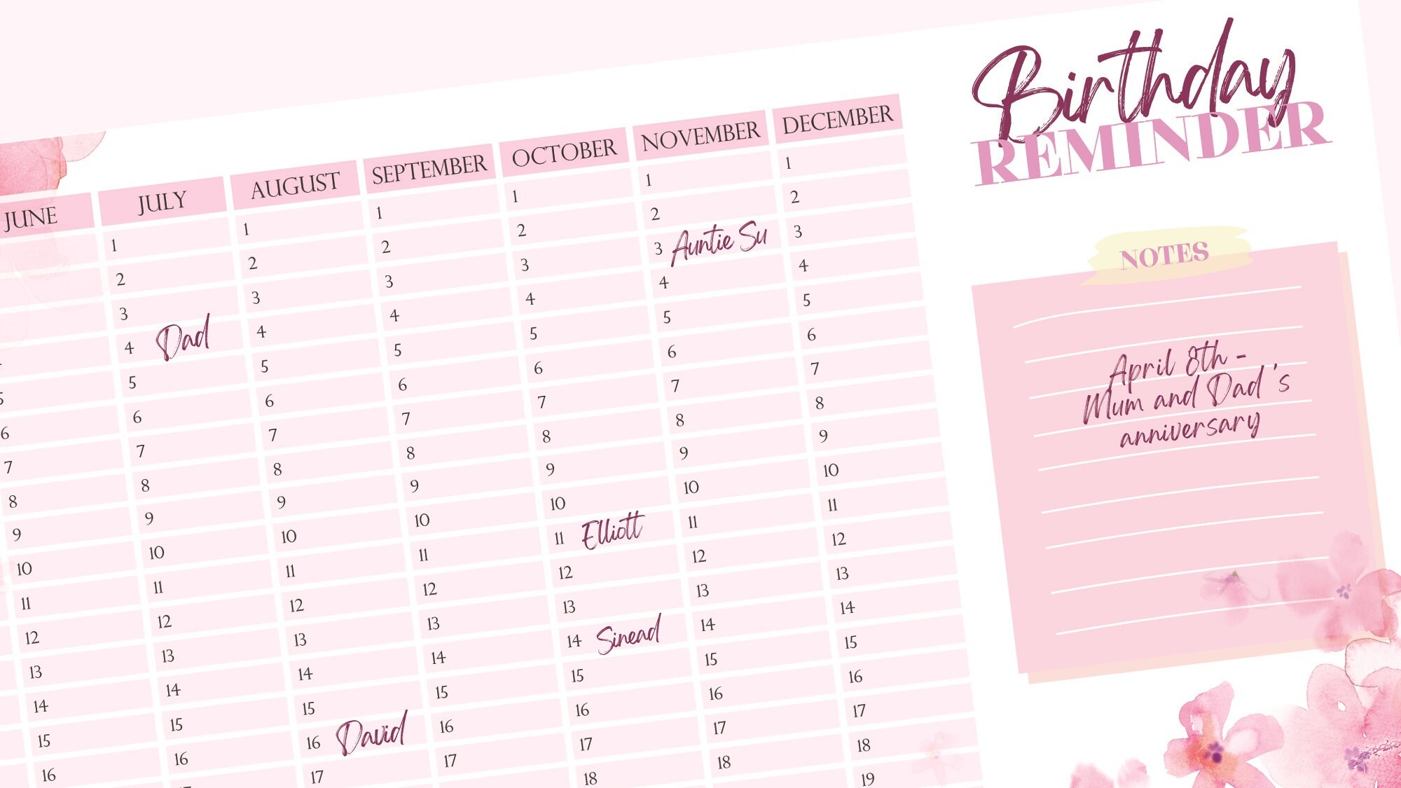 Perpetual Birthday Calendar With Notes PRINTABLE ︱ Instant Digital ...