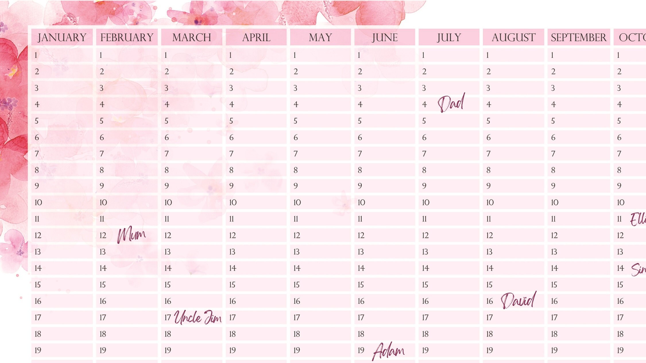 Perpetual Birthday Calendar With Notes PRINTABLE ︱ Instant Digital ...